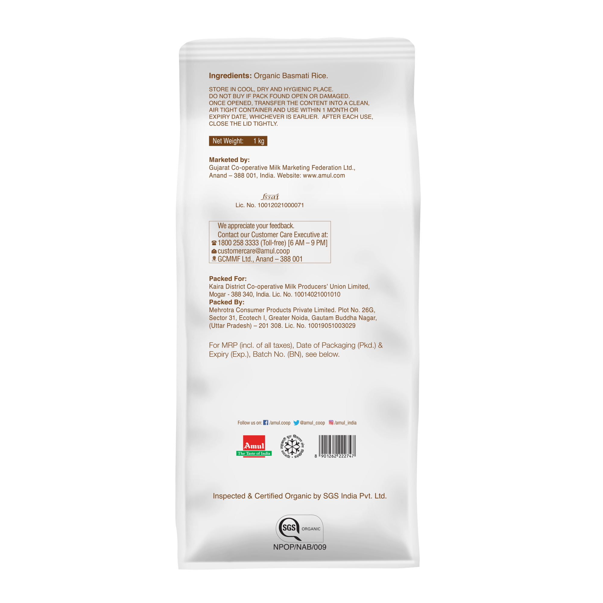 Amul Organic Basmati Rice, 1 kg | Pack of 6